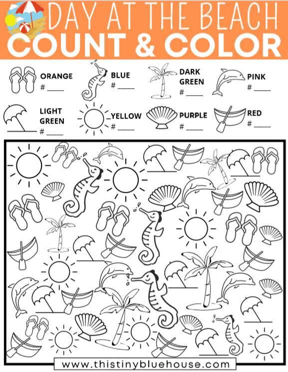 Free Printable Day At The Beach Count and Color Activity For Kids ...