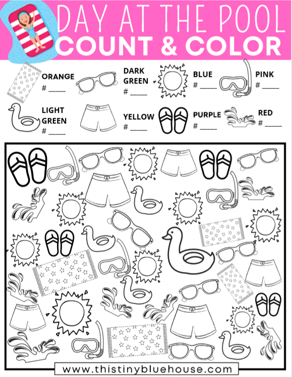 Free Printable Day At The Pool Count and Color Activity - This Tiny ...