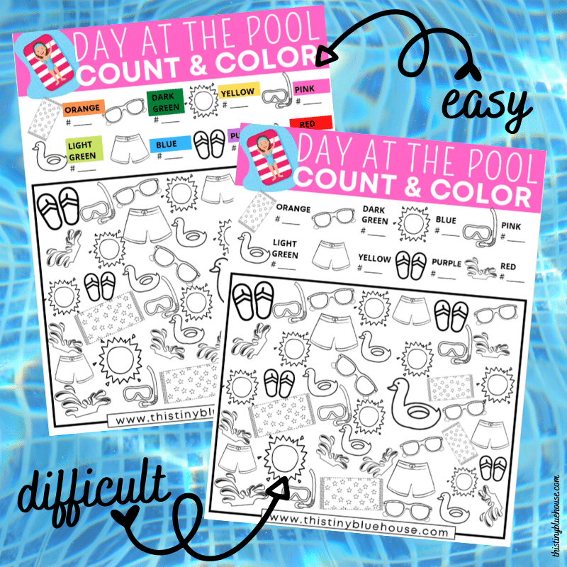Free Printable Day At The Pool Count and Color Activity - This Tiny ...
