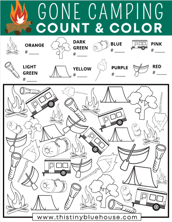 Free Printable Gone Camping Count and Color Activity For Kids - This ...