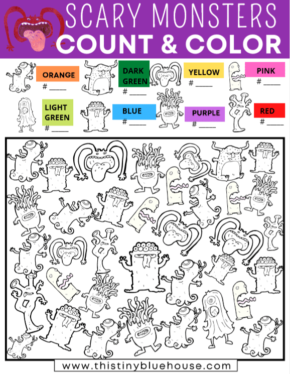 Free (2 Version) Scary Monsters I Spy Printable Count and Color Game ...
