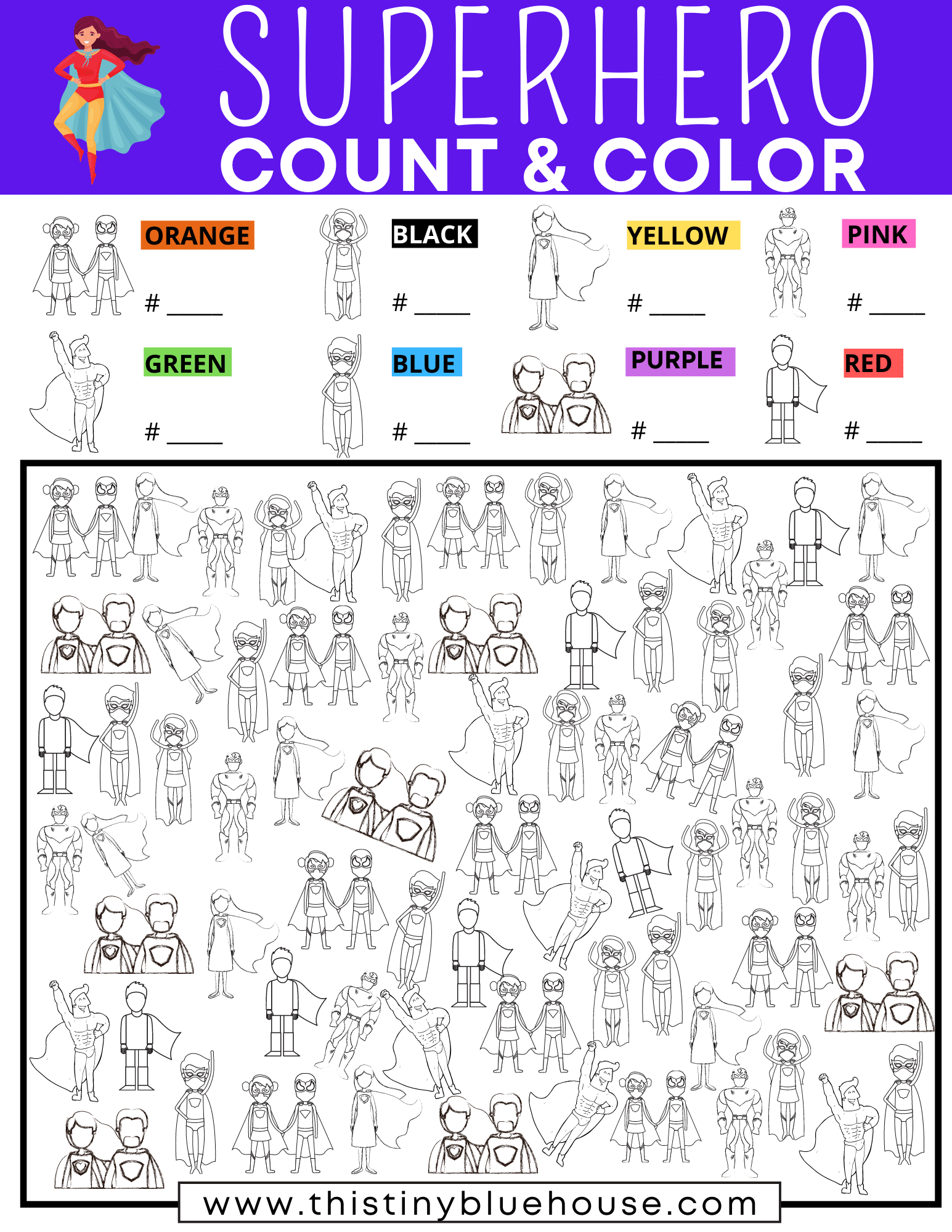 Free (2 version) Superhero I Spy Printable Count and Color Activity For ...
