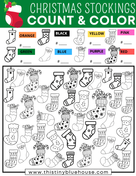 Free Printable (2 Version) Christmas Stocking I Spy Count and Color ...