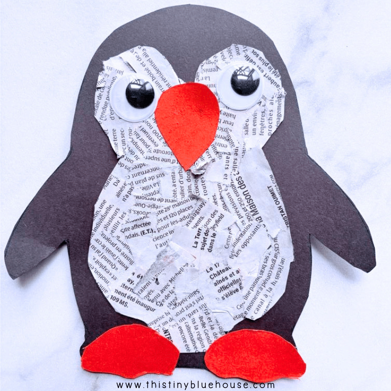 Torn Newspaper Penguin Craft - This Tiny Blue House
