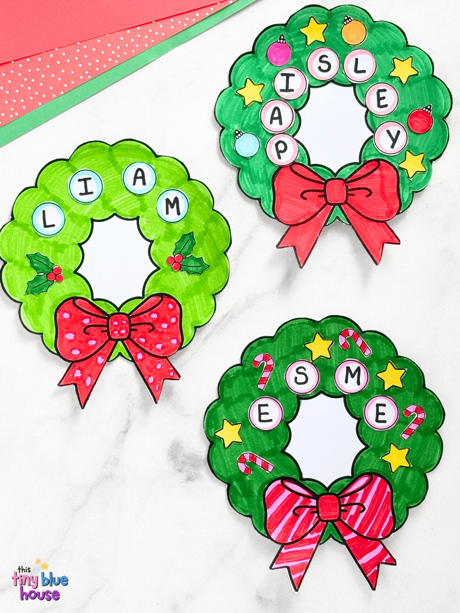 Christmas Wreath Name Craft (Free Printable Template) - This Tiny Blue ...
