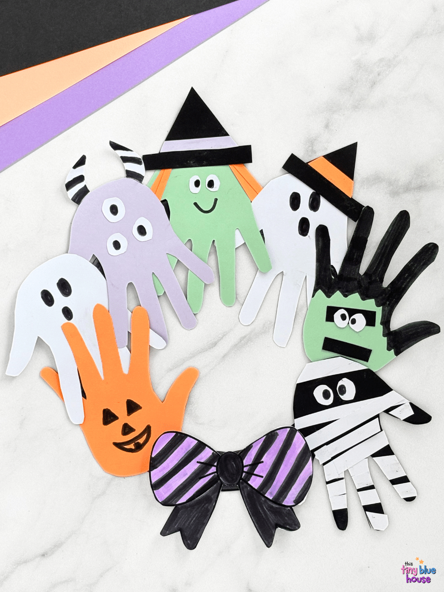 Halloween Handprint Wreath Craft (Free Template) - This Tiny Blue House