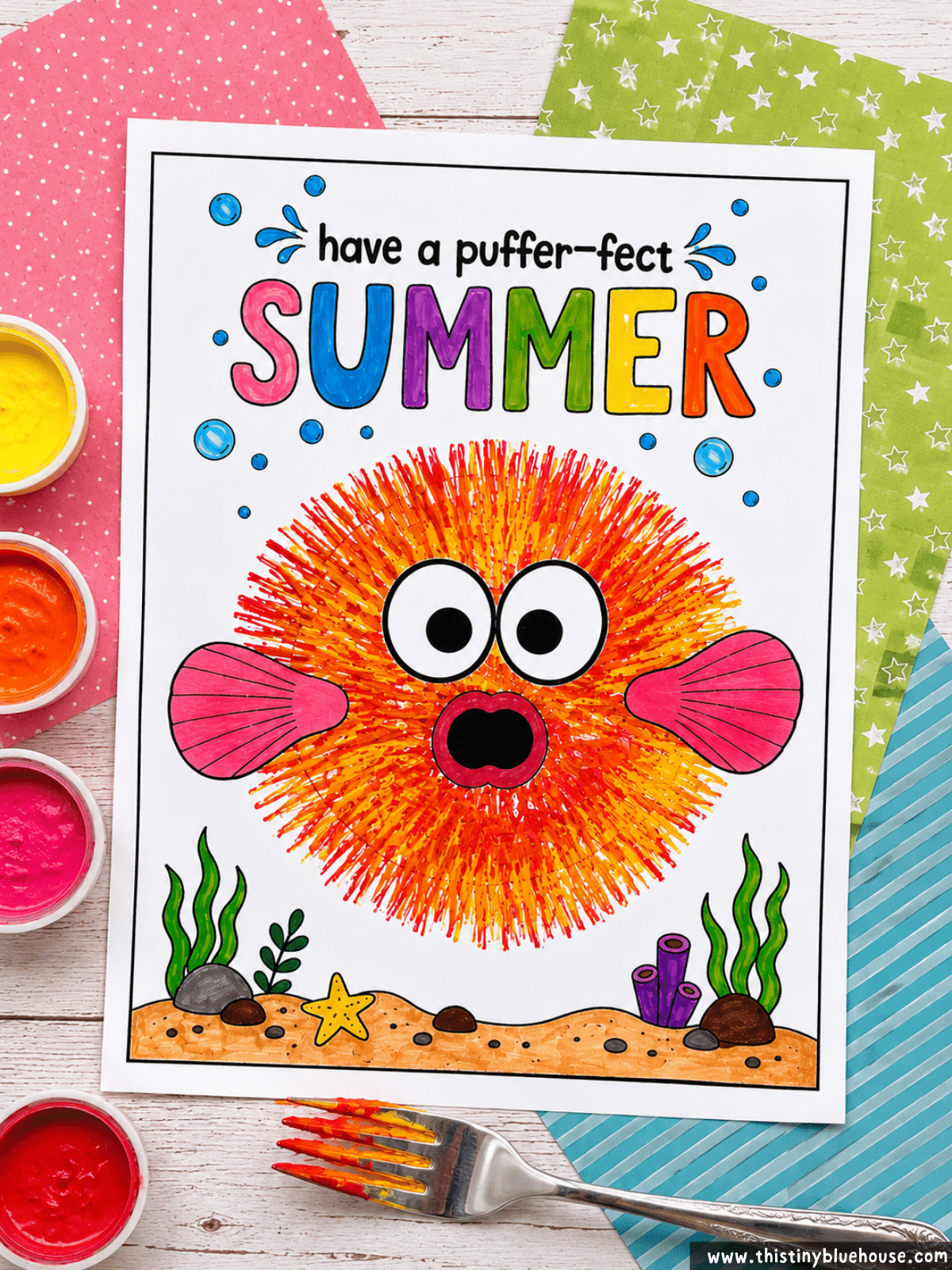 Fork Painted Pufferfish Craft (Free Printable Template) - This Tiny ...