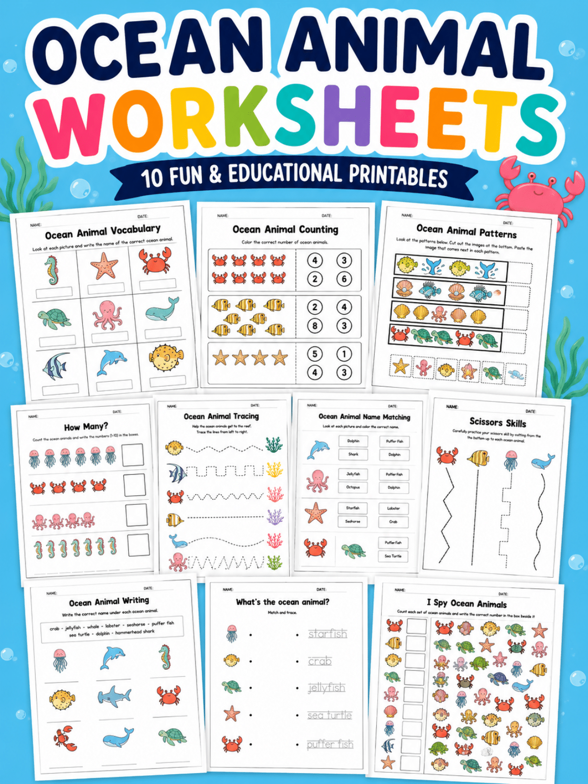 Ocean Animal Worksheets(10 Free Printable Worksheets) - This Tiny Blue ...